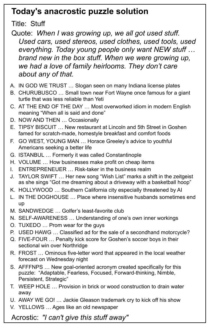 ACROSTIC: Stuff | News | goshennews.com