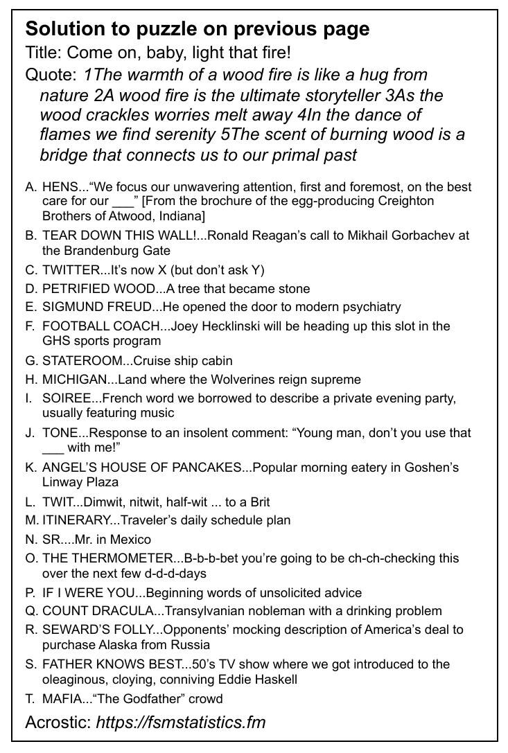 ACROSTIC: Come on, baby, light that fire | News | goshennews.com