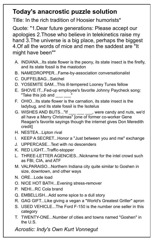 ANACROSTIC PUZZLE: In the rich tradition of Hoosier humorists | News ...