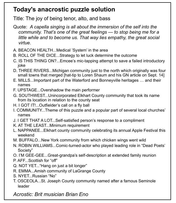 ACROSTIC: The joy of being tenor, alto and bass | News | goshennews.com