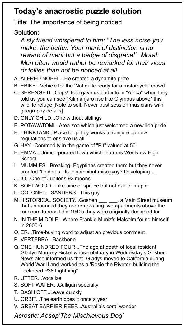 ANACROSTIC: The importance of being noticed | News | goshennews.com