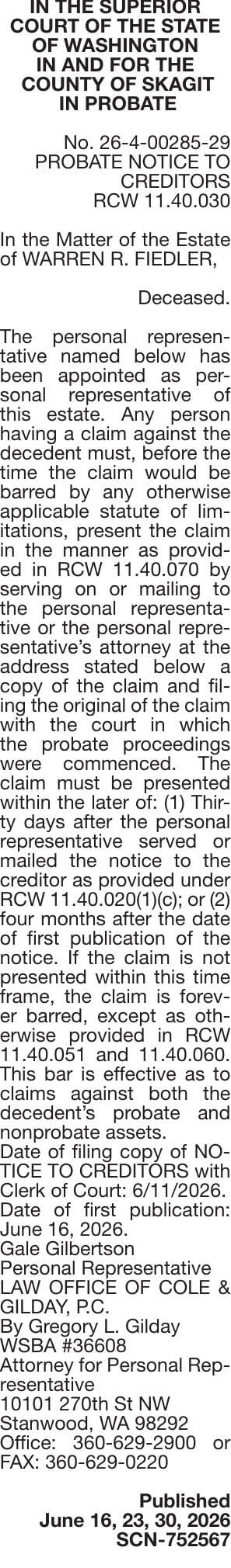 SCN-752567 Warren R. Fielder | Legal Announcements | goskagit.com