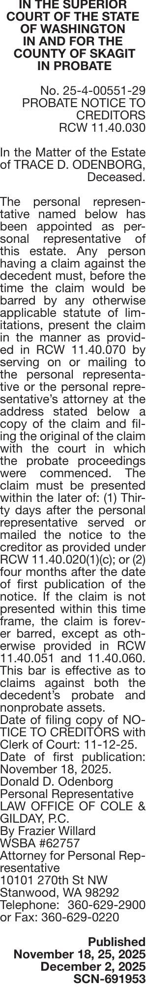 SCN-691953 Trace D. Odenborg | Legal Announcements | goskagit.com