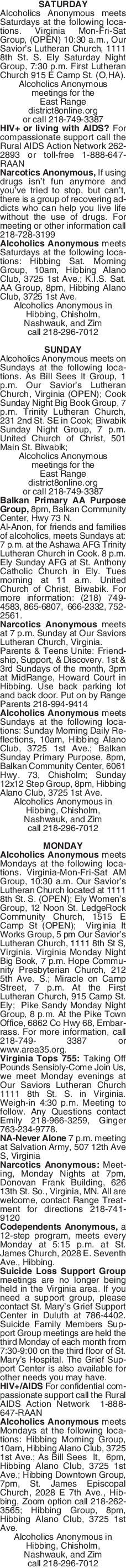 SATURDAY Alcoholics Anonymous meets | Announcements | grandrapidsmn.com
