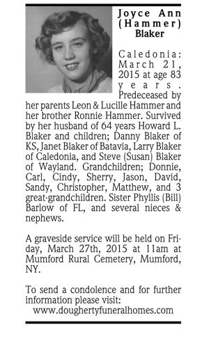 Joyce Ann (Hammer) Blaker ~ March 21, 2015 | Passages | Obituaries ...