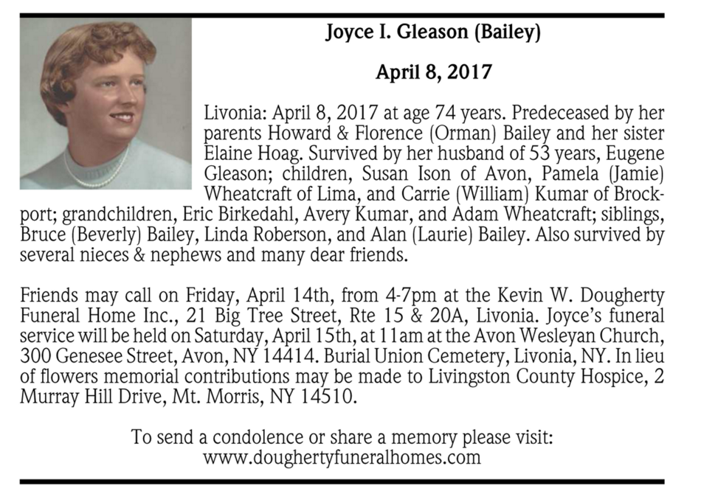 Joyce I. Gleason (Bailey) ~ April 8, 2017 | Passages | Obituaries ...