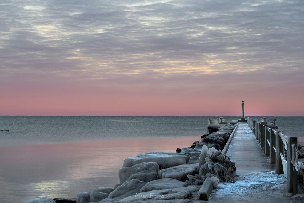 Webster Pier Lighthouse against a Pink Sky, by Mark Fornalik | Hometown ...