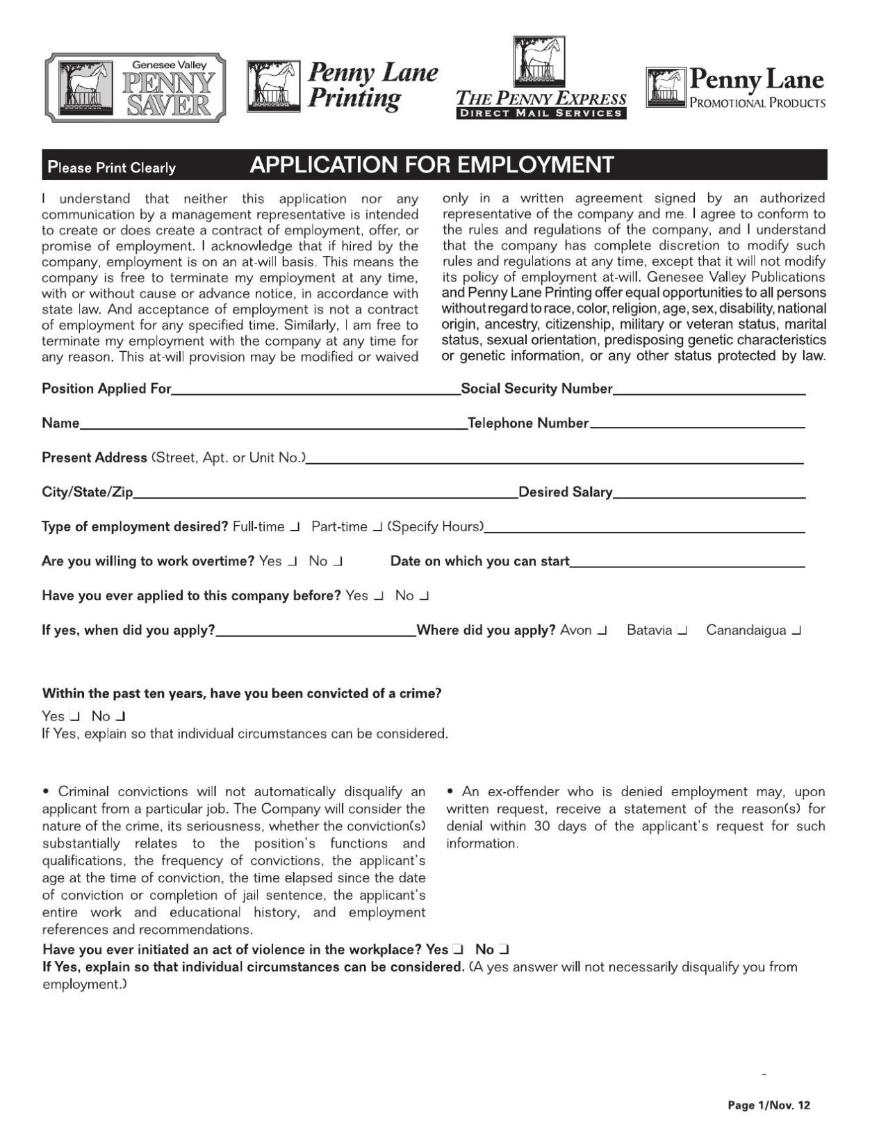 Genesee Valley Penny Saver Employment Application | | gvpennysaver.com