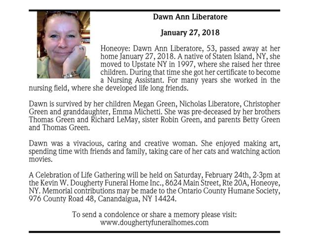 Dawn Ann Liberatore ~ January 27, 2018 | Obituaries | gvpennysaver.com