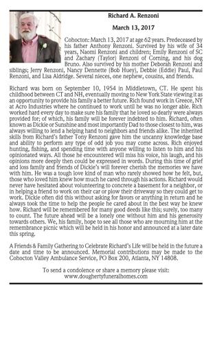 Richard A. Renzoni ~ March 13, 2017 | Passages | Obituaries ...