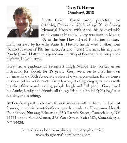 Gary D. Hatton ~ October 6, 2018 | Passages | Obituaries | gvpennysaver.com