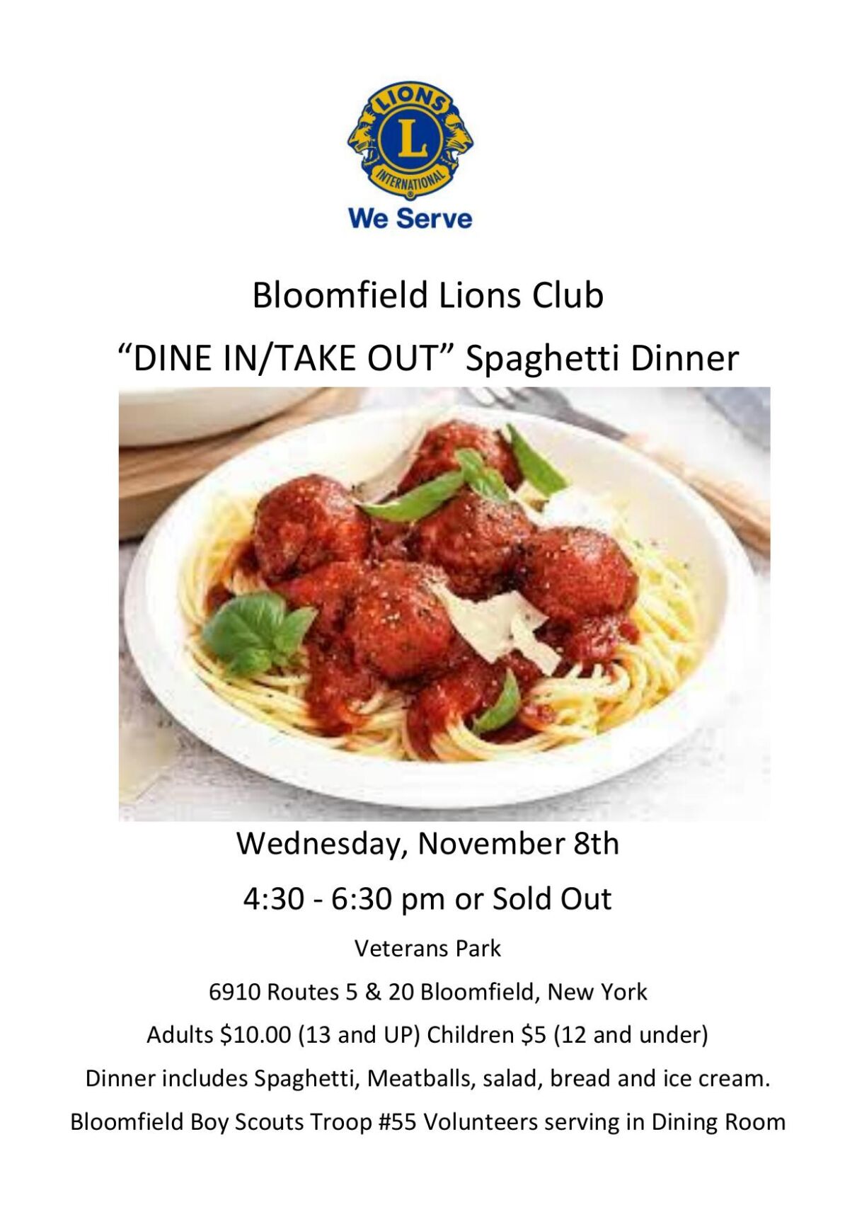 Bloomfield Lions Club “DINE IN/TAKE OUT” Spaghetti Dinner ...