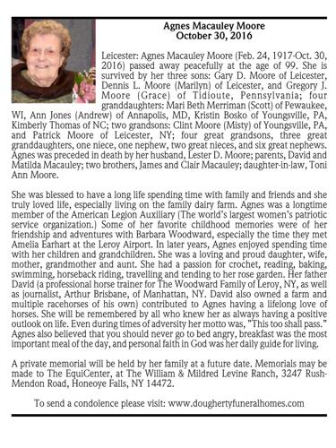 Agnes Macauley Moore ~ October 30, 2016 | Passages | Obituaries ...