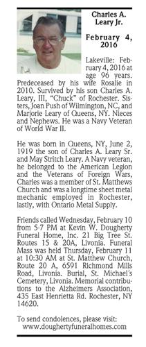 Charles A. Leary Jr. ~ February 4, 2016 | Passages | Obituaries ...