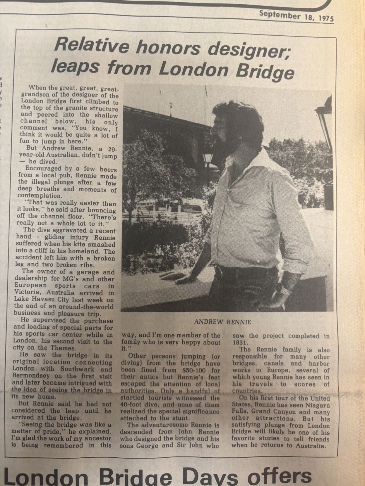50 years ago: Descendent of London Bridge designer takes a leap from ...