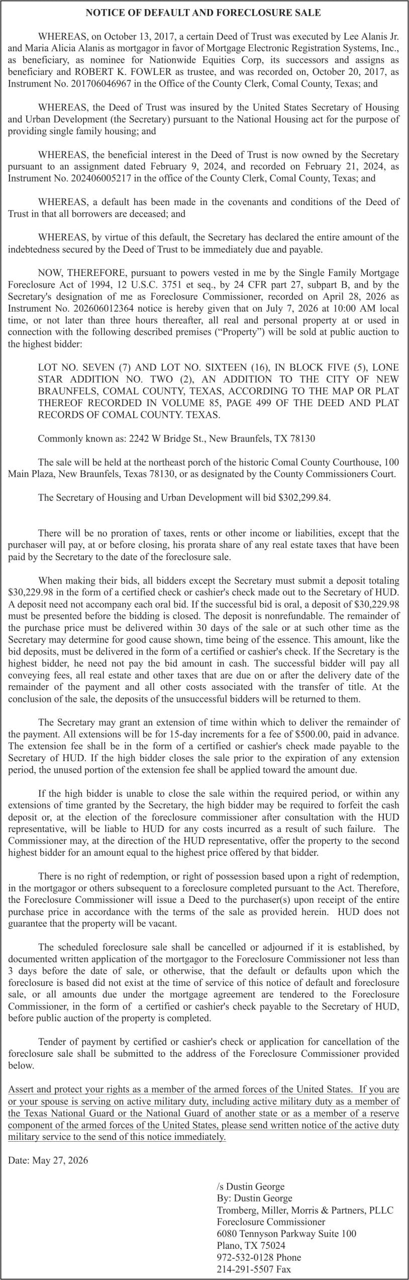 Foreclosure Alanis Jr. | Legal Notices | herald-zeitung.com