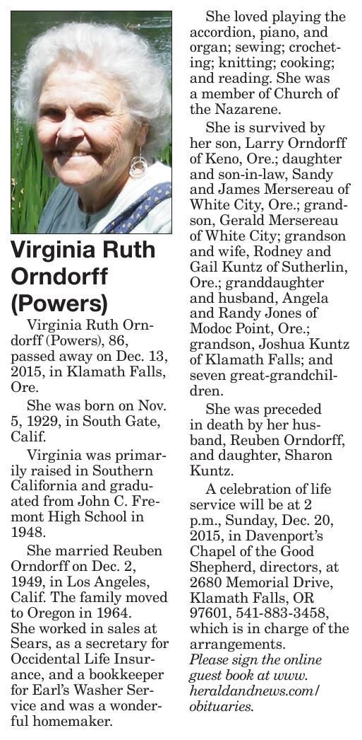 Virginia Orndorff | | heraldandnews.com