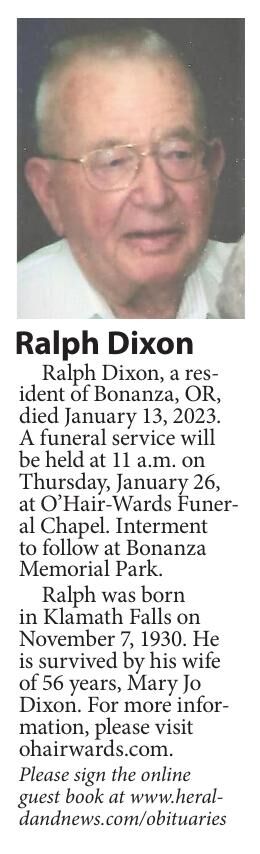 Notice: Ralph Dixon | News Of Record | heraldandnews.com