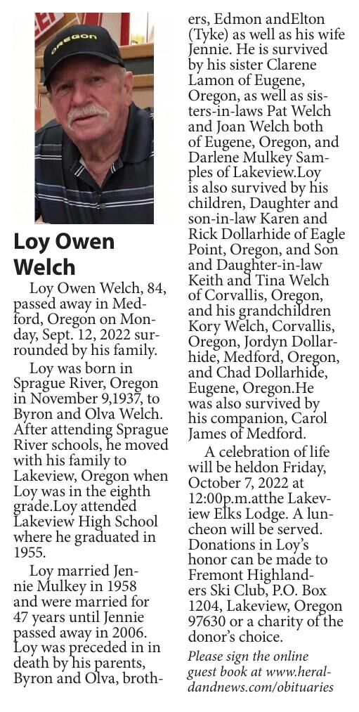 Loy Owen Welch | Obituaries | heraldandnews.com