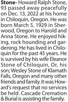 Notice: Howard Stone | News Of Record | heraldandnews.com