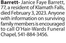 Notice: Janice Barrett | News Of Record | heraldandnews.com