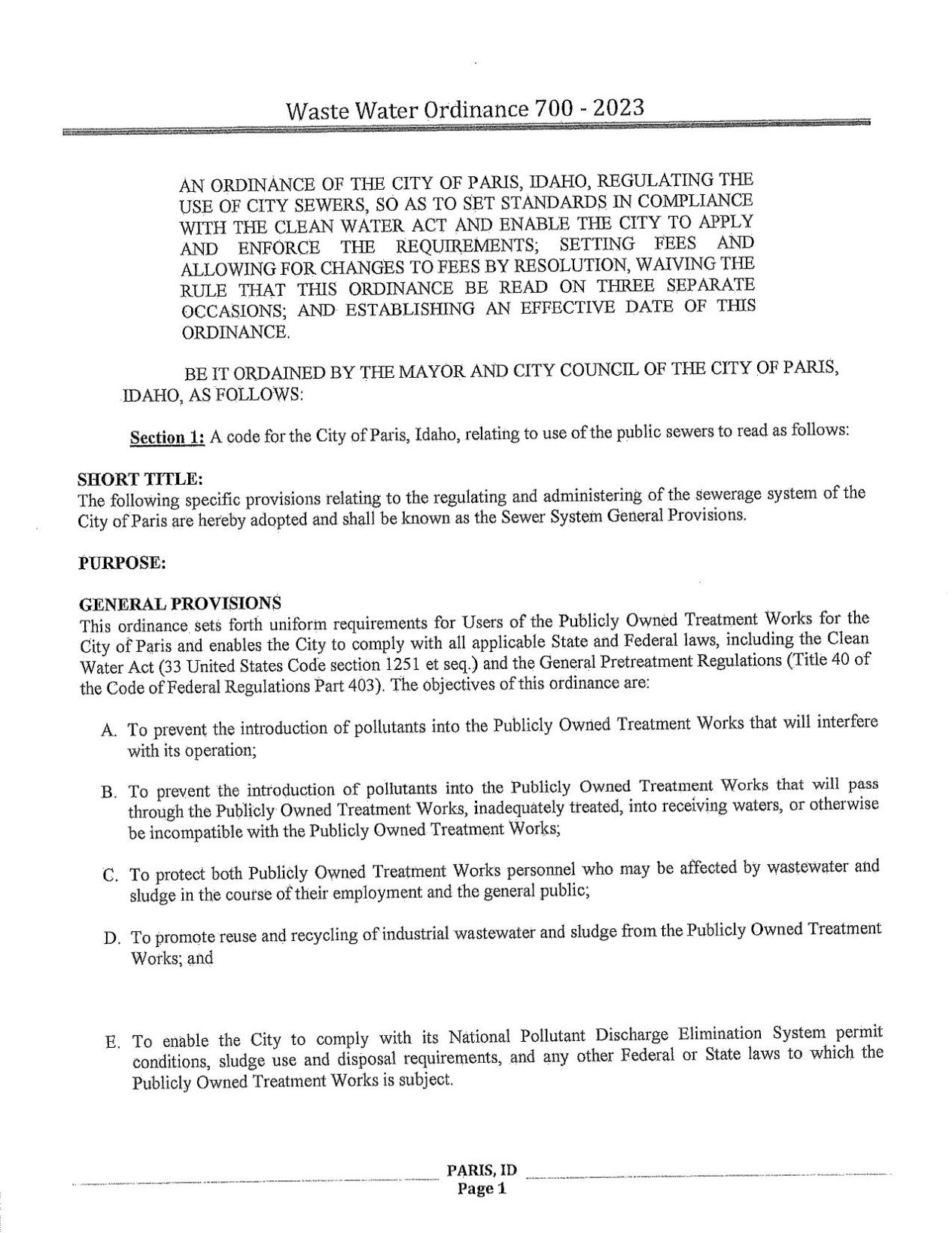 Paris Waste Water Ordinance 700 | News-Examiner | hjnews.com