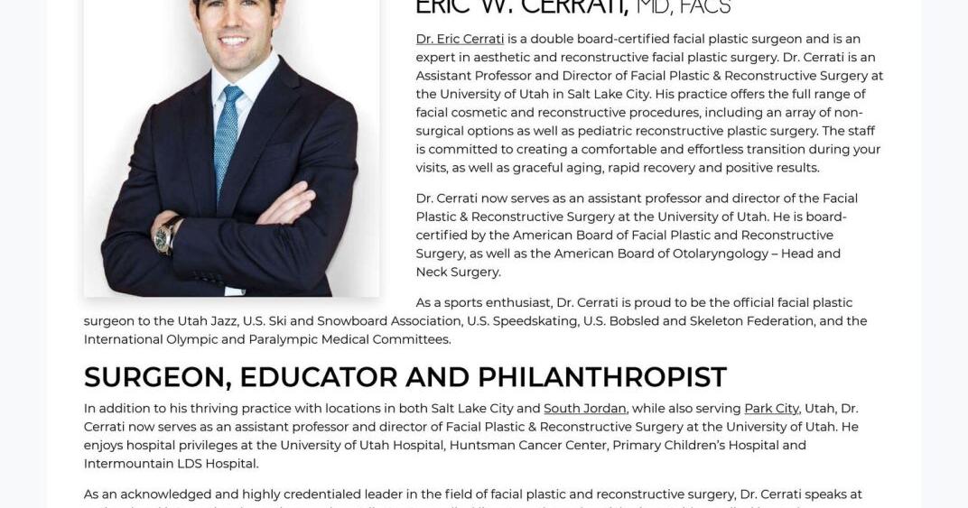 Salt Lake City Welcomes Acclaimed Facial Plastic Surgeon Dr. Eric ...