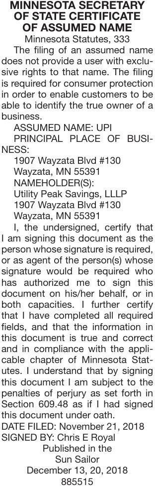 UPI | Certificates Of Assumed Name | hometownsource.com