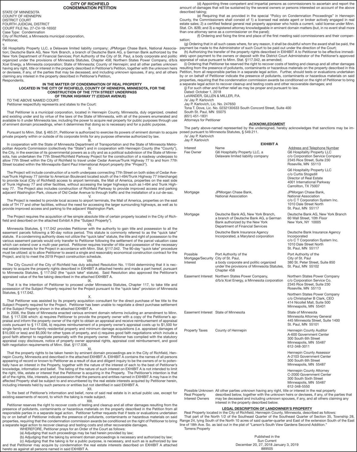 Condemnation Petition | Notice Of Court Hearings | hometownsource.com