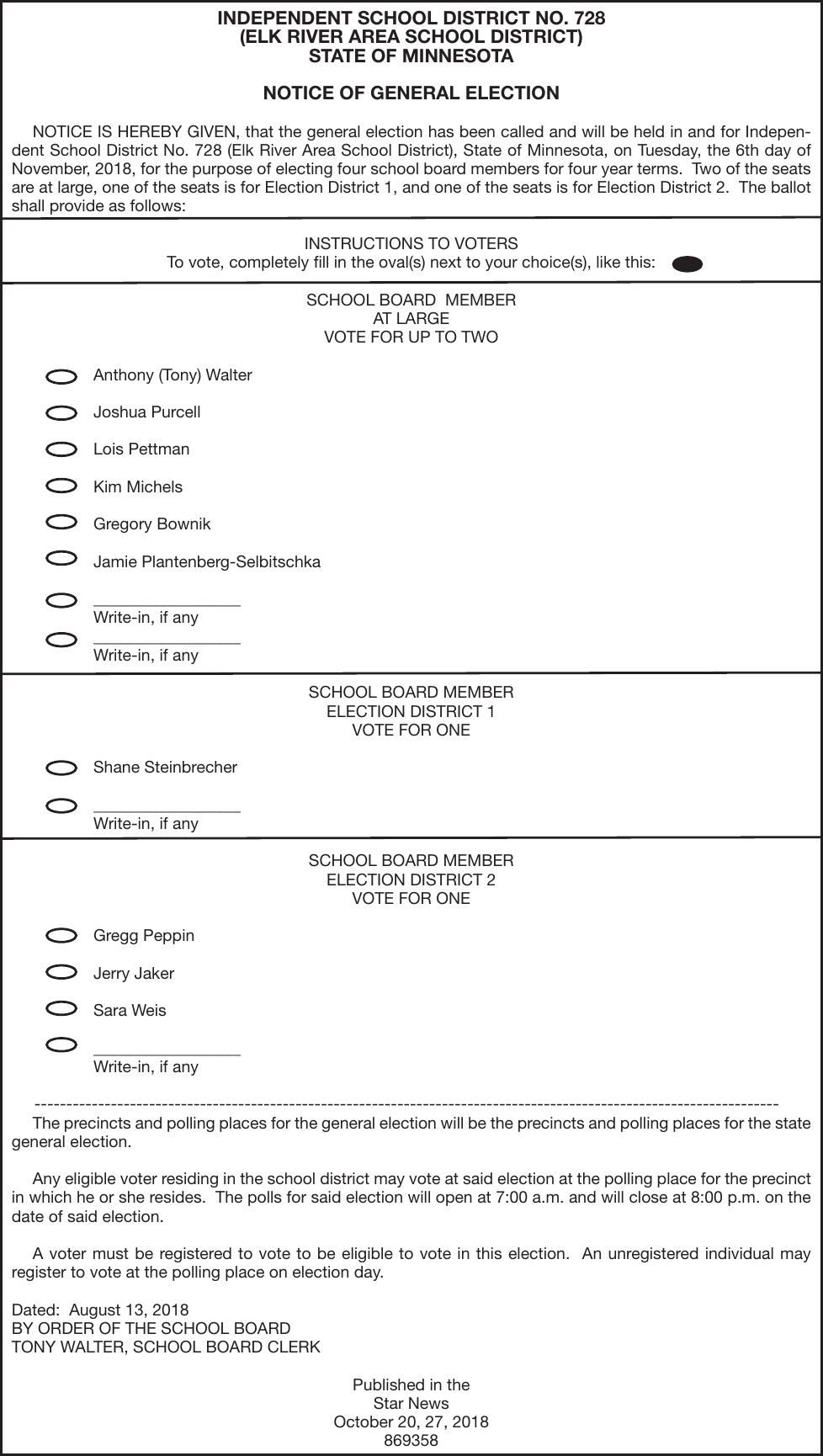 Notice of General Election | School Board | hometownsource.com