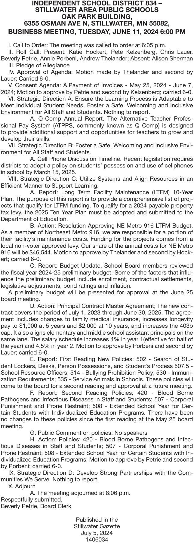 June 11 Minutes | School Board | hometownsource.com