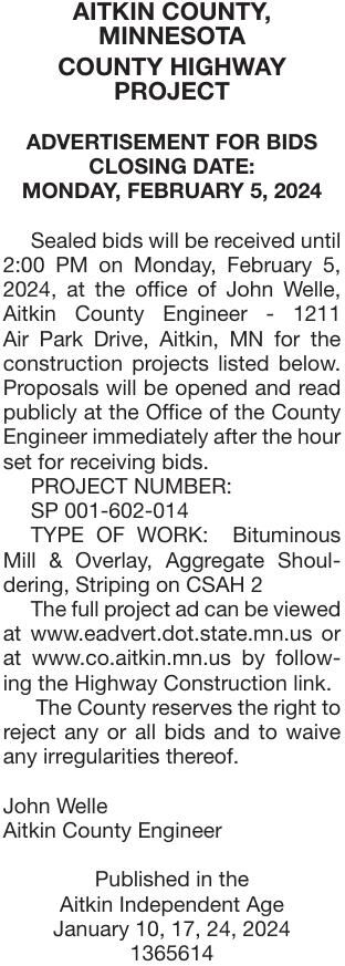 Highway Project CSAH 2 BID | Advertisement For Bids & Proposals ...