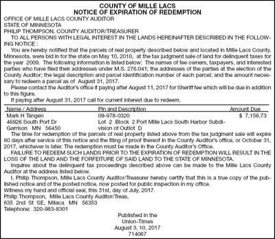 Notice of Expiration of Redemption | Public Notices | hometownsource.com