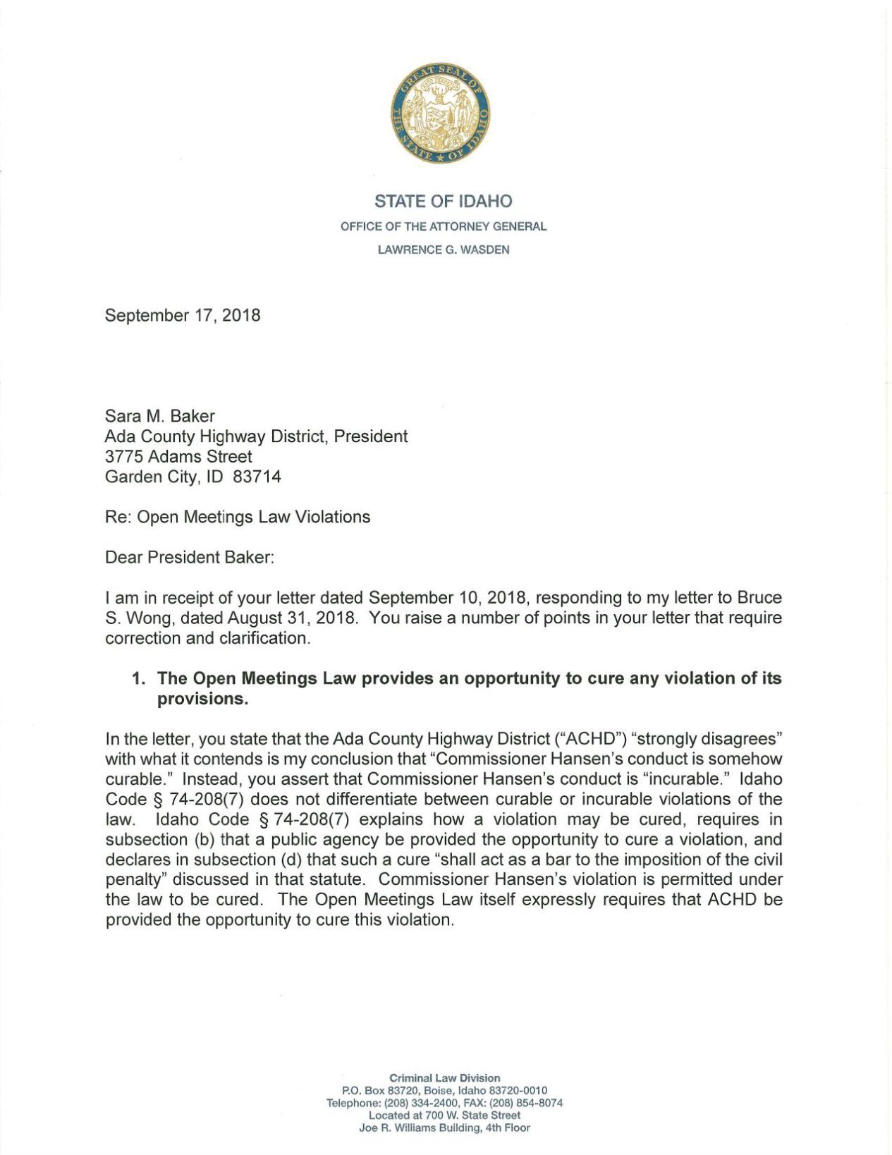 Attorney General's office commends Hansen, Goldthorpe, says ACHD open ...