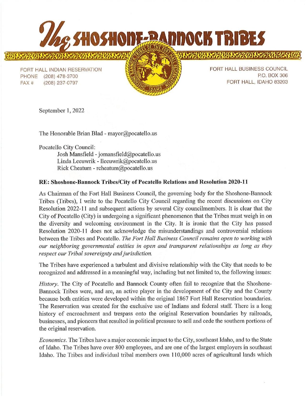 Shoshone-Bannock Tribes take issue with Pocatello's welcoming ...