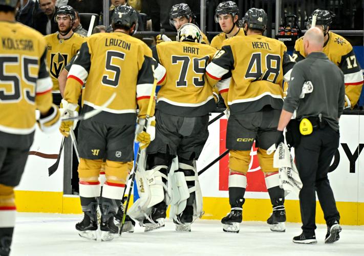 Golden Knights goalie Carter Hart injured in first period against Blue ...