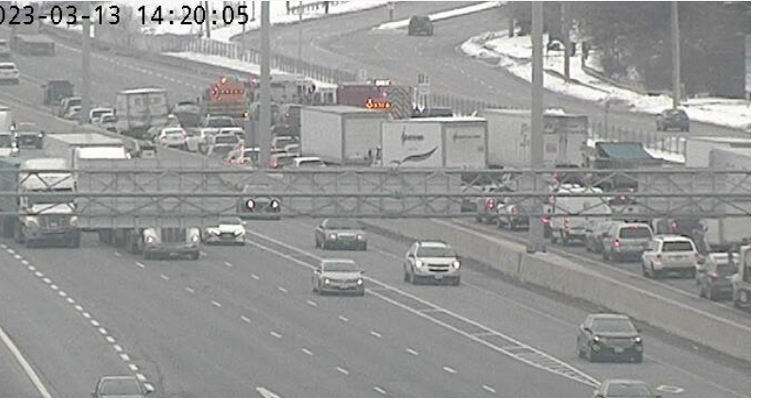 All lanes closed on Fort Erie bound QEW at Dorval Drive in Oakville