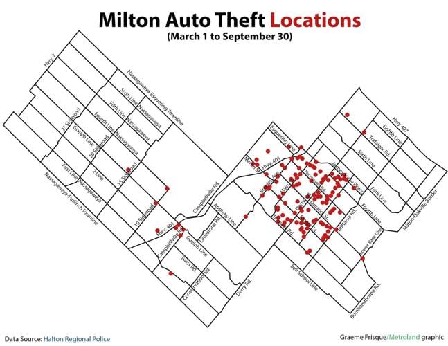 MAP: Auto theft locations in Oakville, Burlington and Milton