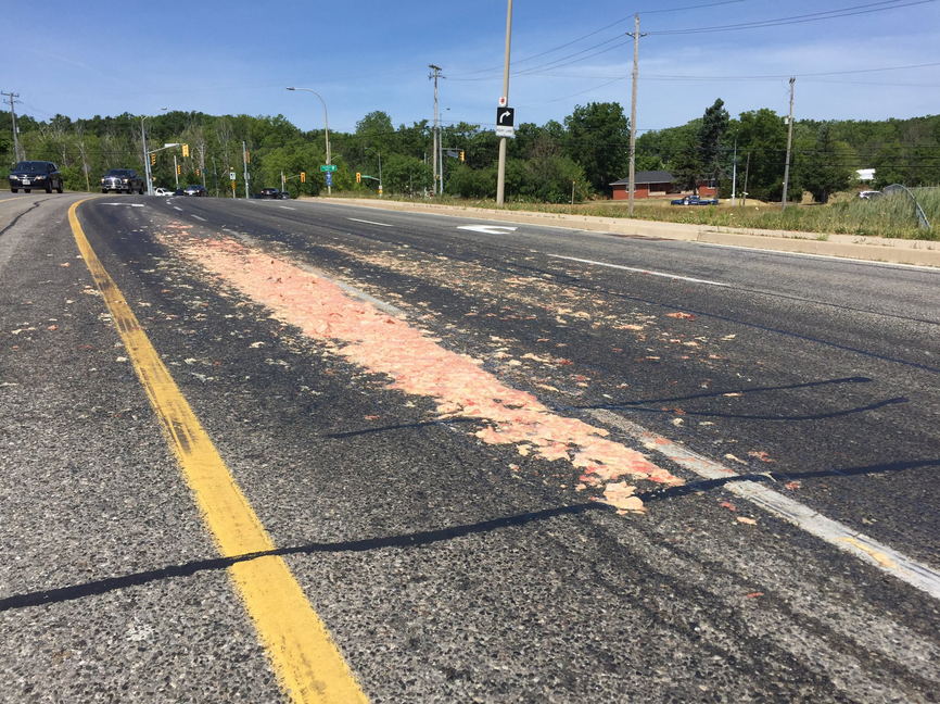 Truck splatters chicken parts on Burlington road under soaring temperatures
