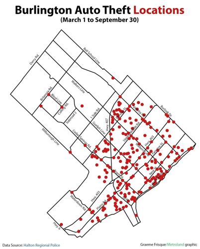 MAP: Auto theft locations in Oakville, Burlington and Milton