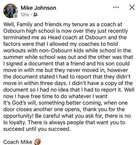 Mike Johnson says he's out as Osbourn's head football coach | Sports ...