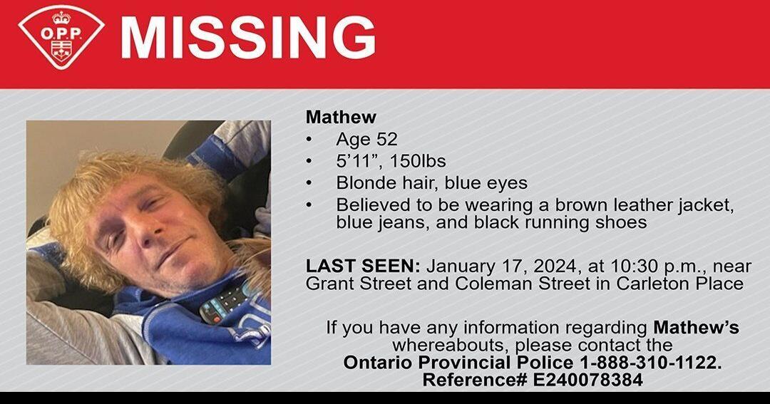 OPP search for missing man last seen in Carleton Place