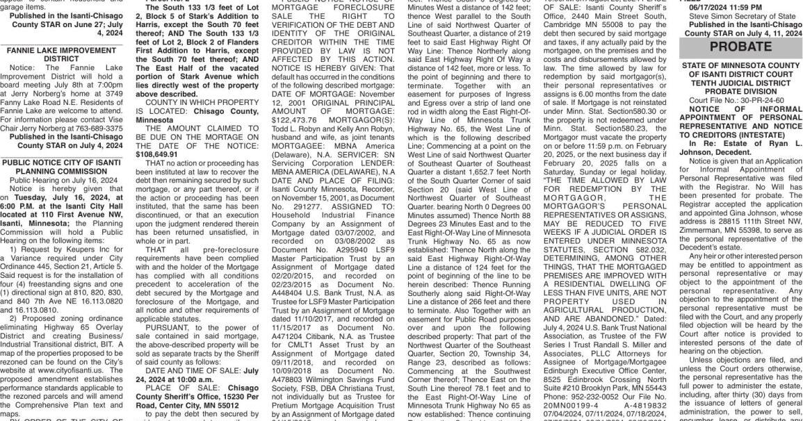 Public Notices - July 4, 2024 | Public Notices | isanti-chisagocountystar.com