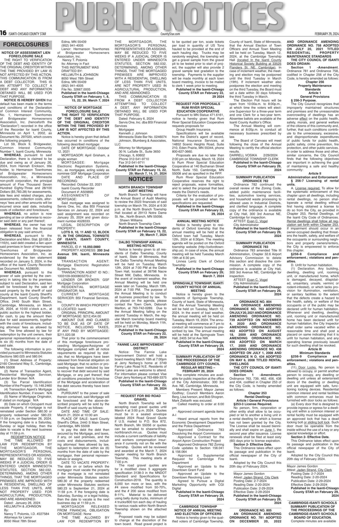 Public Notices - February 29, 2024 | Public Notices | isanti ...