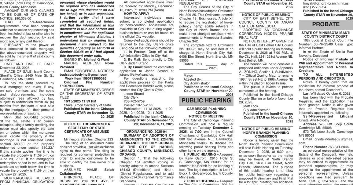 Public Notices - November 20, 2025 | Public Notices | isanti ...
