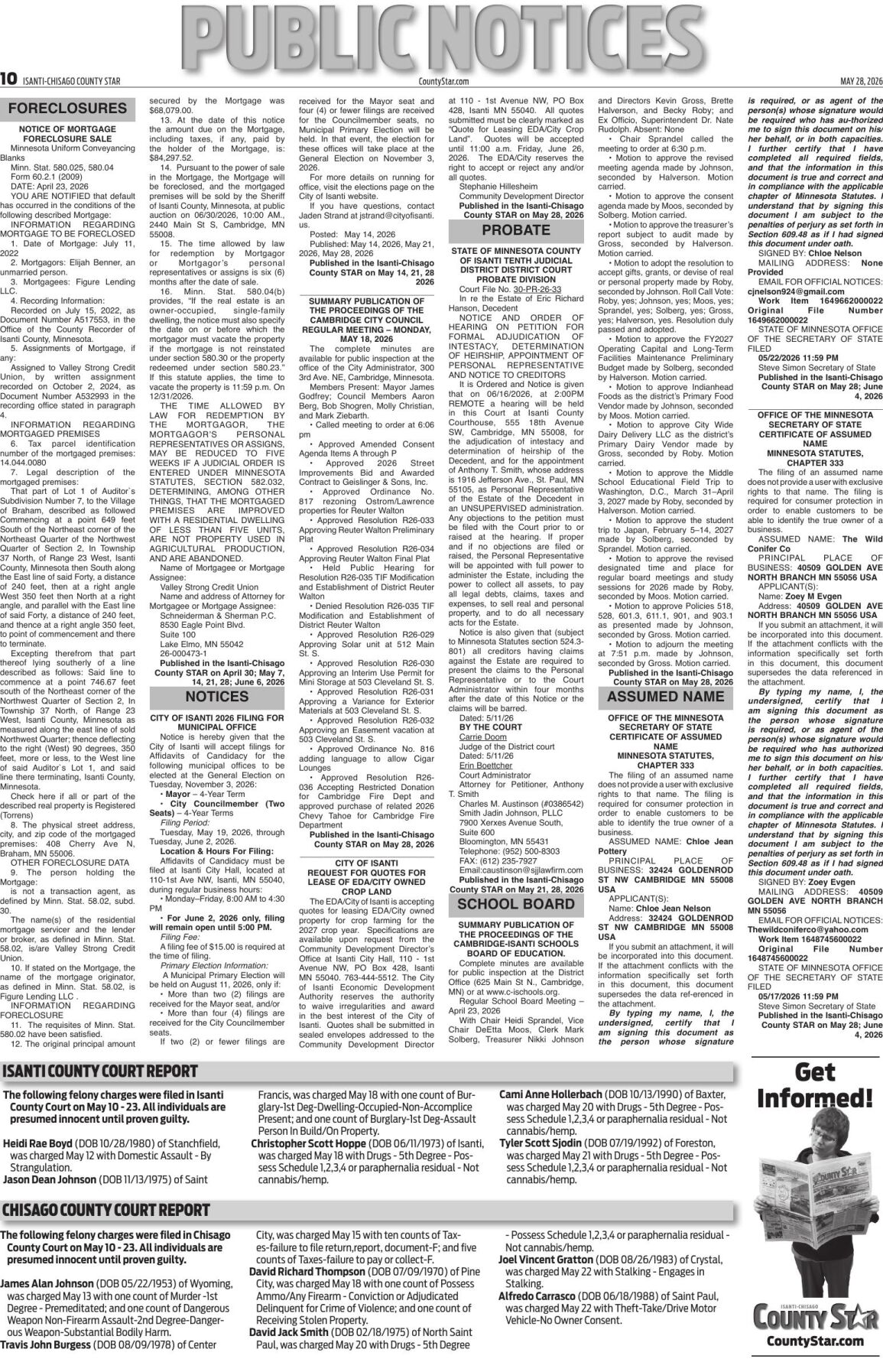 Public Notices - May 28, 2026 | Public Notices | isanti ...