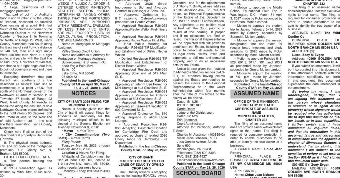 Public Notices - May 28, 2026 | Public Notices | isanti ...