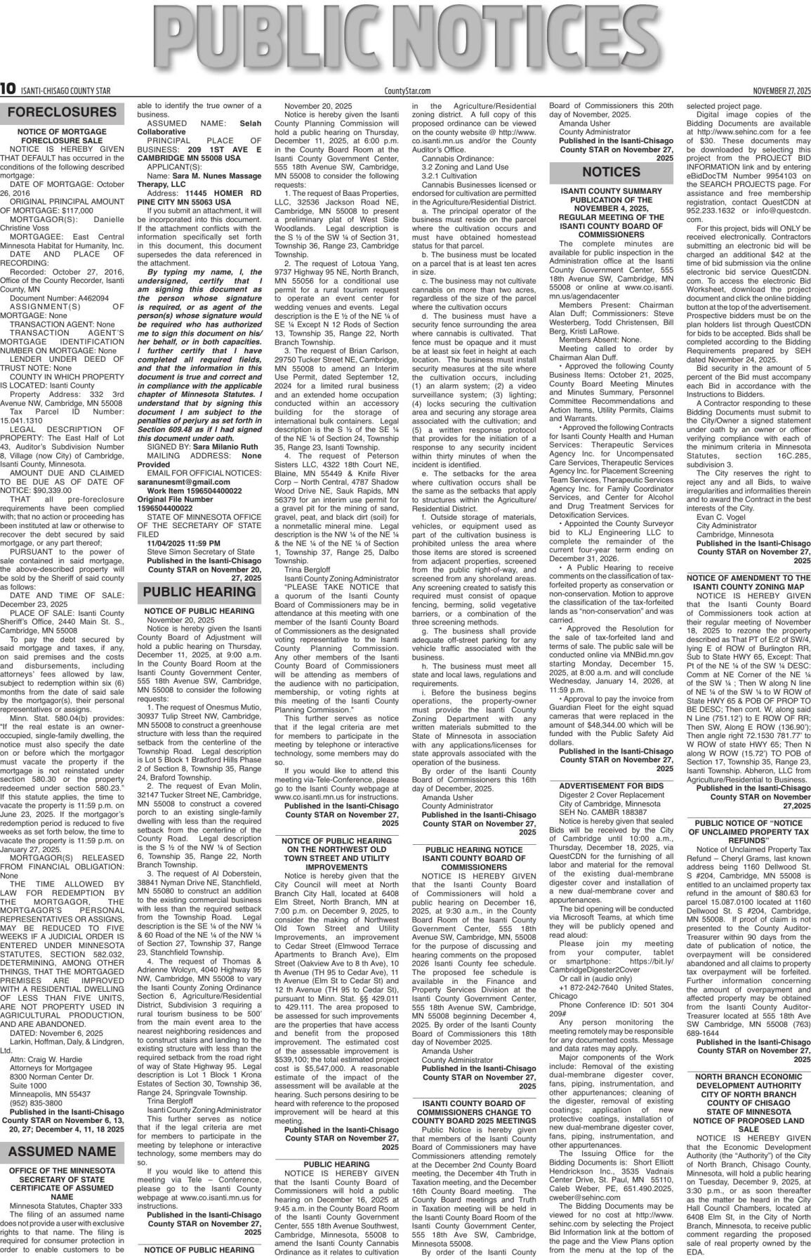 Public Notices - November 27, 2025 | Public Notices | isanti-chisagocountystar.com