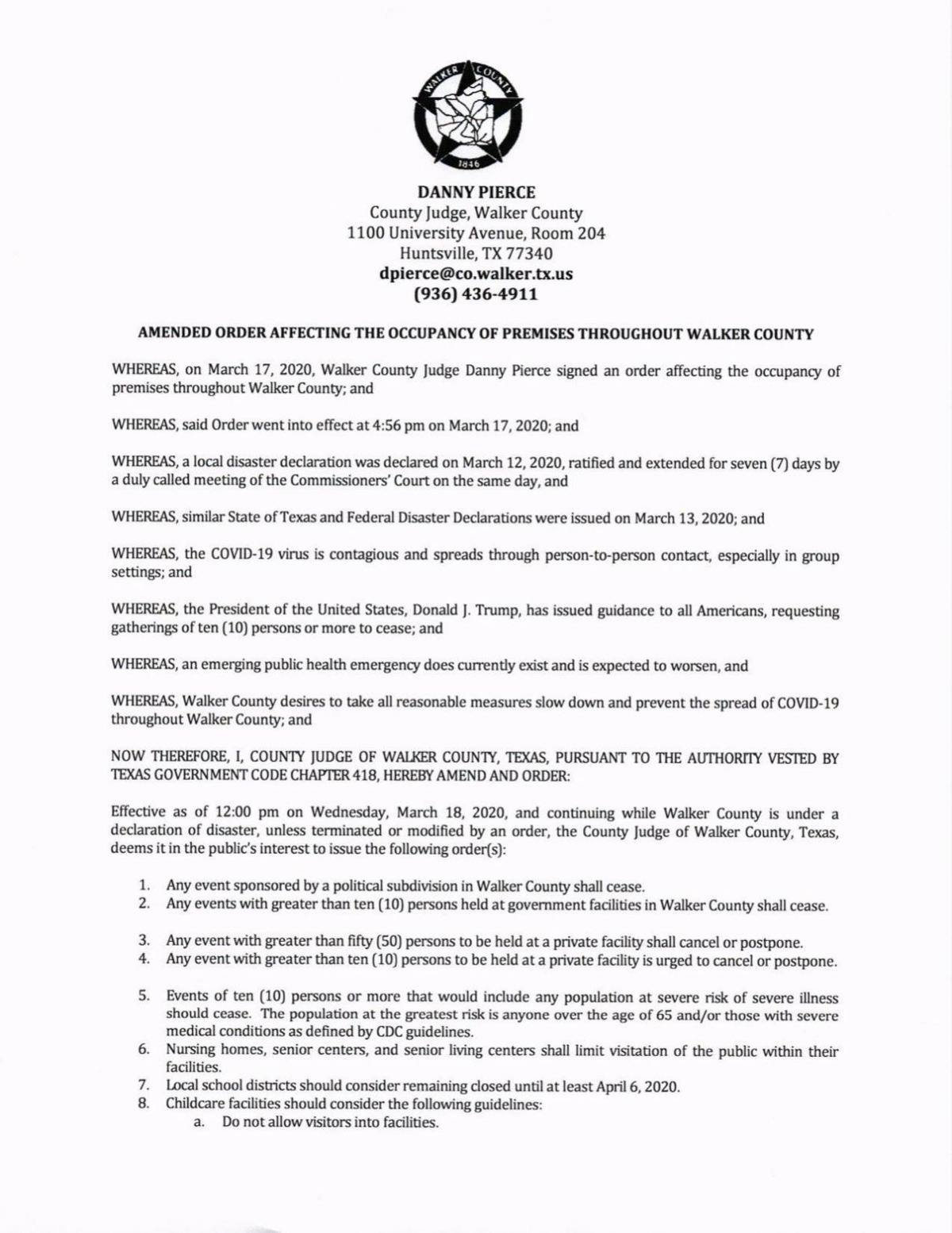 Walker County Judge expands occupancy order | Coronavirus | itemonline.com