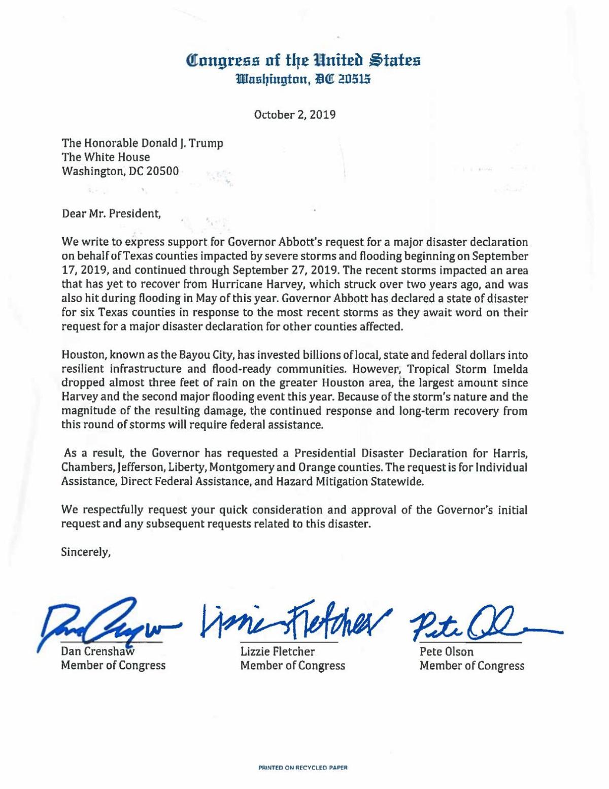 Brady Urges President Trump To Approve Texas Disaster Declaration